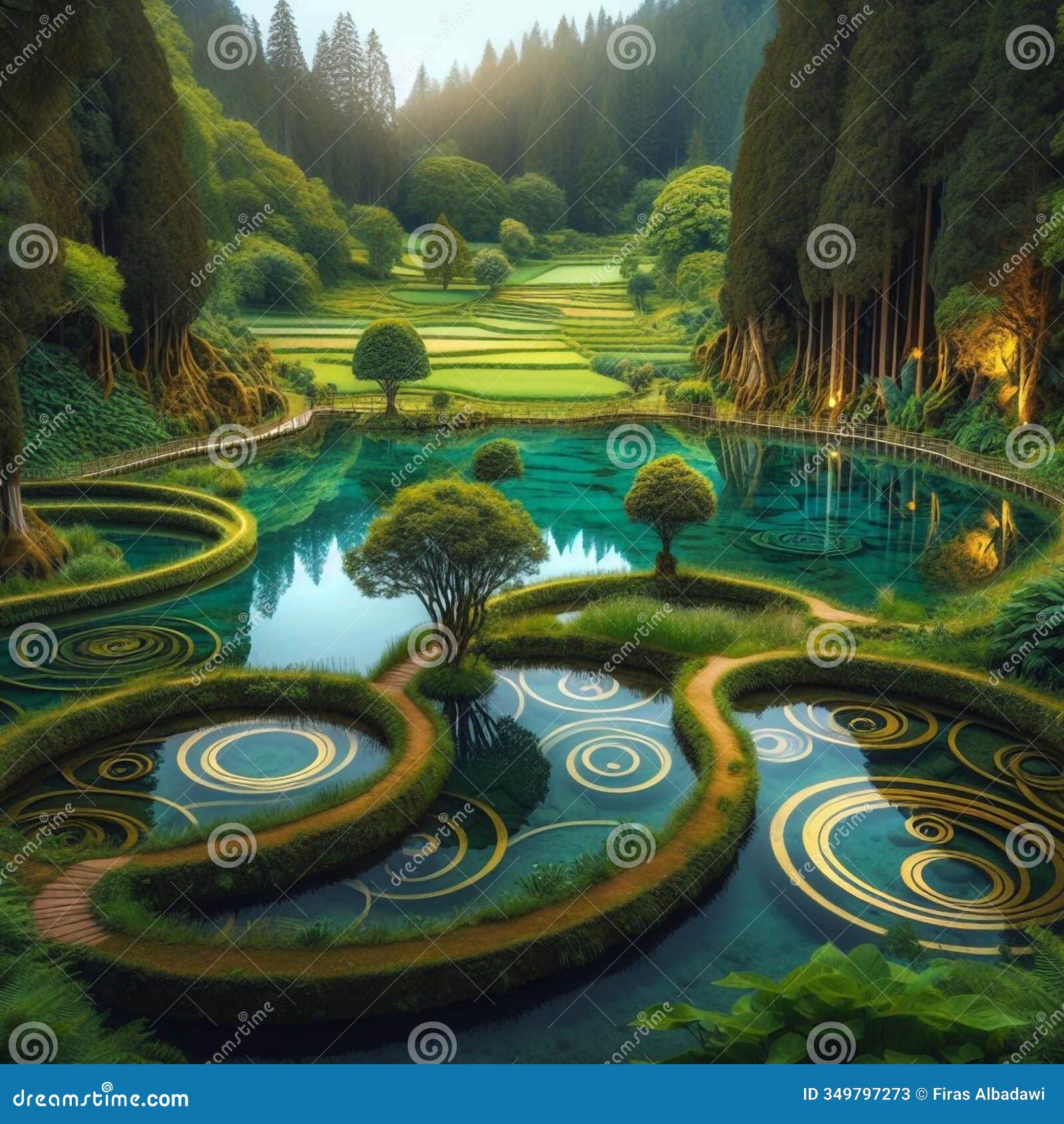 A Fantasy-like Landscape with Circular Ponds and Lush Greenery. Stock ...