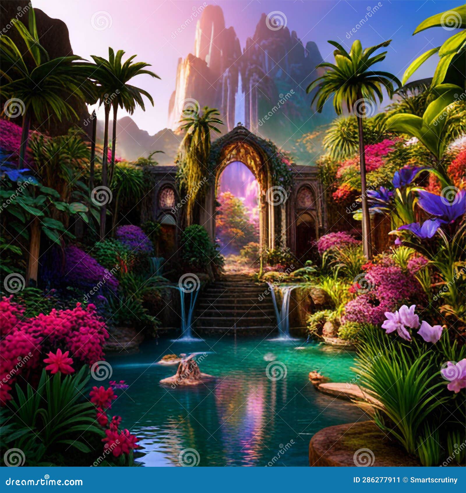 Fantasy Lush Tropical Paradise with Waterfall and Castle 16 Stock ...