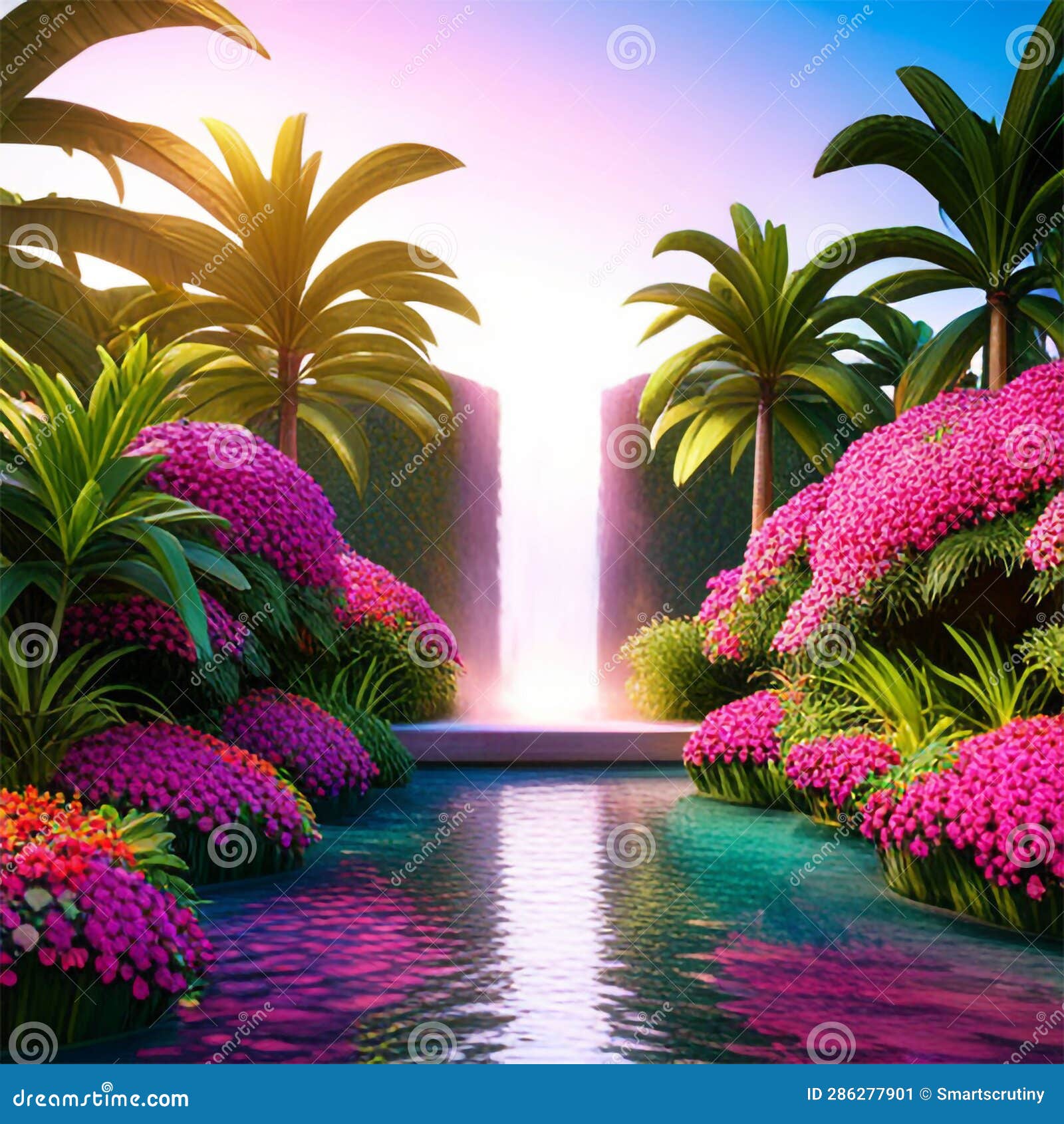 Fantasy Lush Tropical Paradise with Waterfall 23 Stock Illustration ...