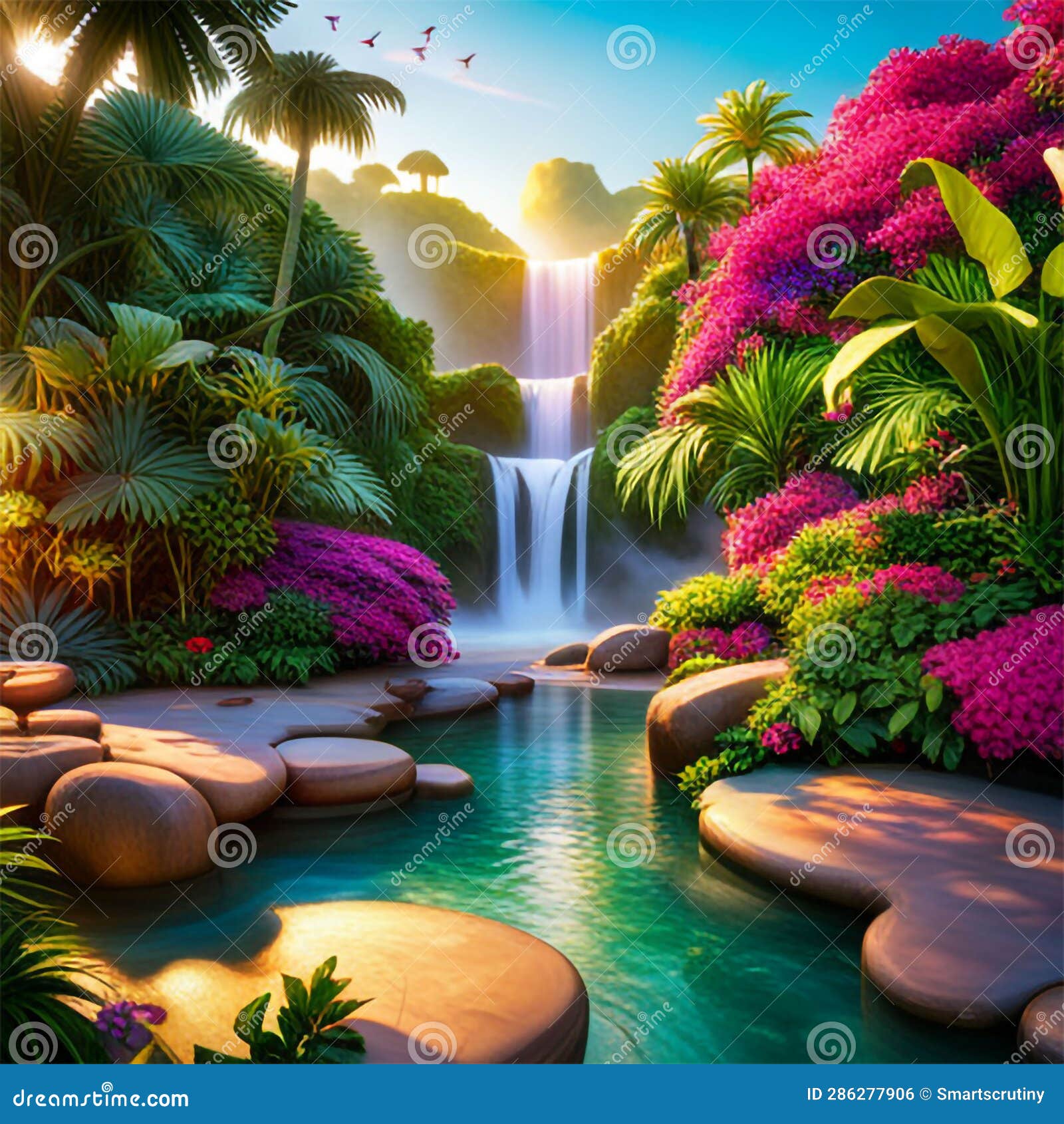 Fantasy Lush Tropical Paradise with Waterfall 19 Stock Illustration ...