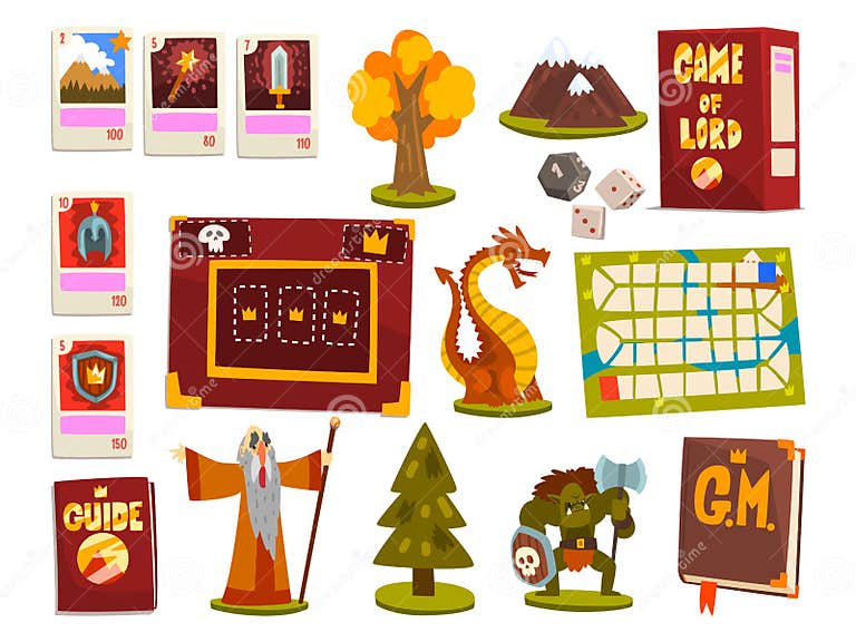 Fantasy Magic Board Game Elements with Map and Cards Vector Set Stock ...