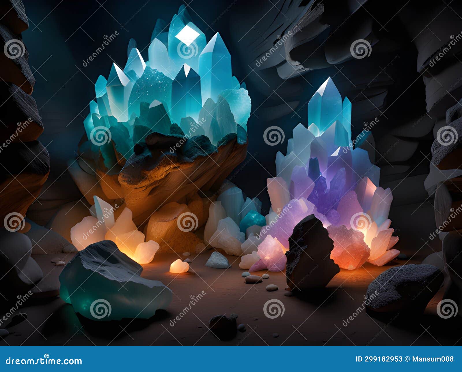 Magic Cave. Fairy Landscape Of A Cave With Crystals And Mystery Lights ...