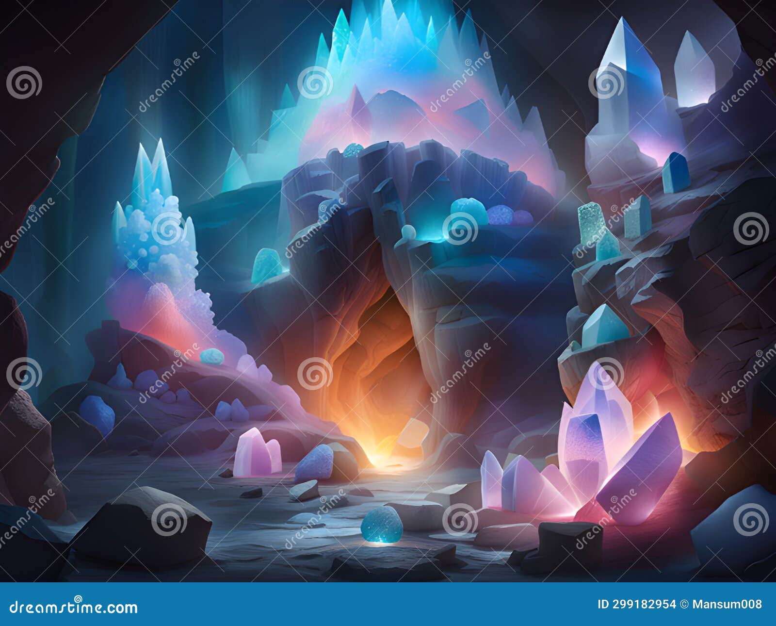 Magic Cave. Fairy Landscape Of A Cave With Crystals And Mystery Lights ...