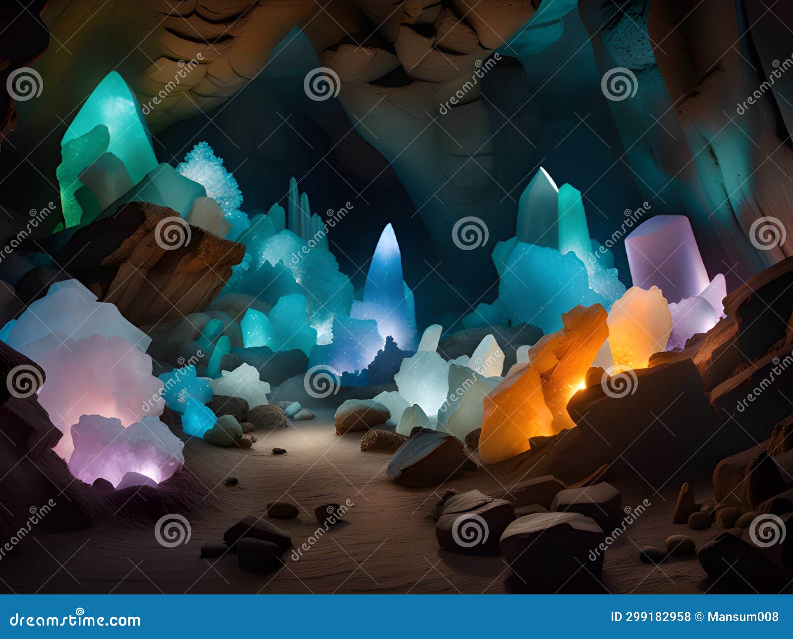 Fantasy Magic Cave with Crystals Stock Illustration - Illustration of ...