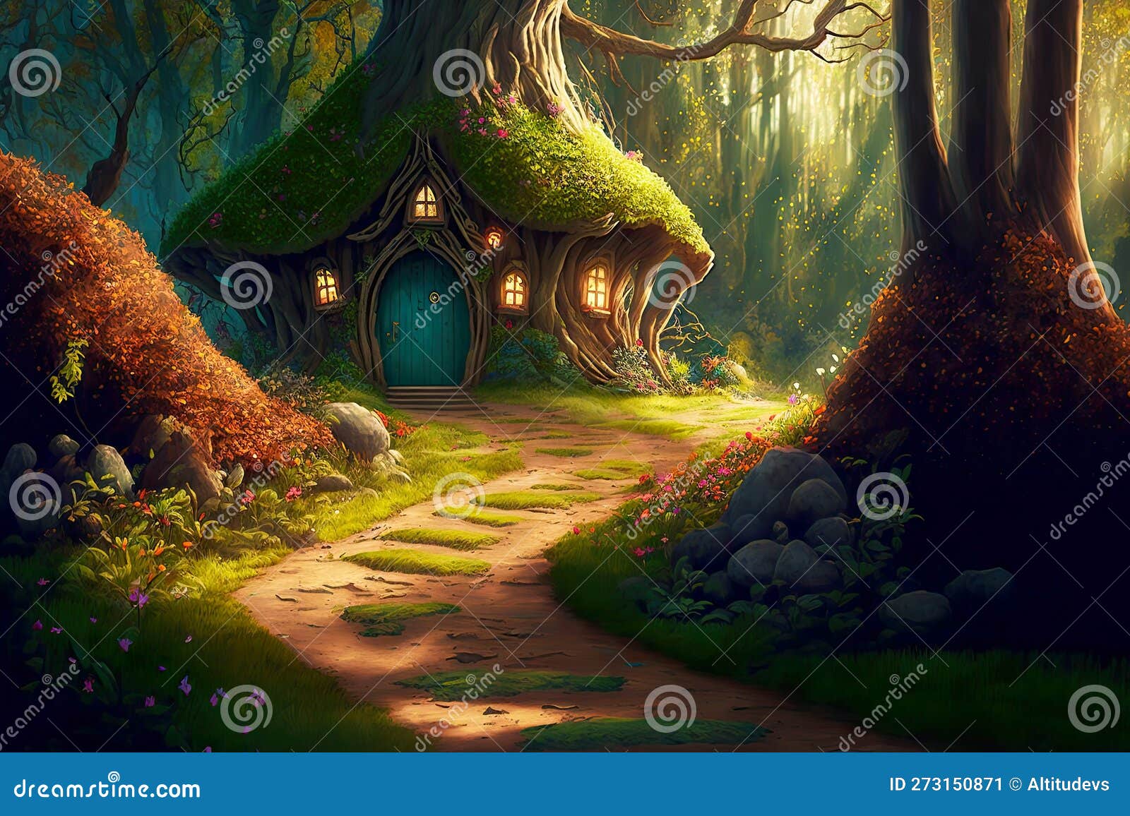 Fantasy and Magic Magical Forest Tree House Stock Illustration ...