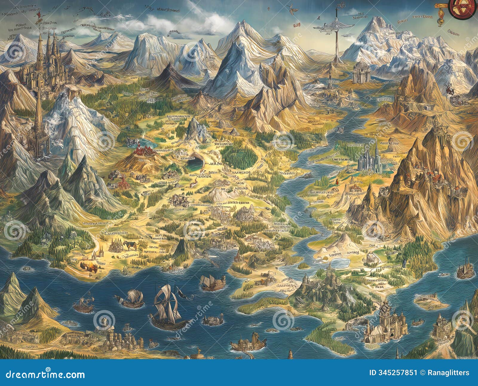 Fantasy Map Illustration Featuring Diverse Mythical Landscapes Stock ...