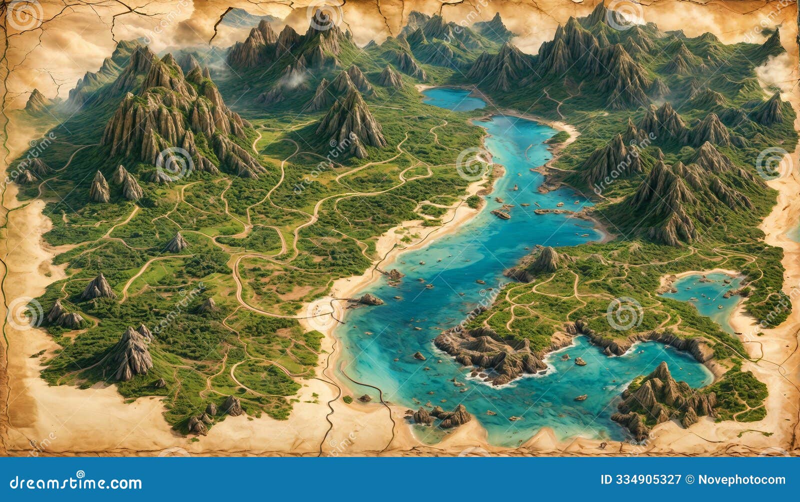 Fantasy Map. Game Landscape with Mountain Forest and River Stock ...
