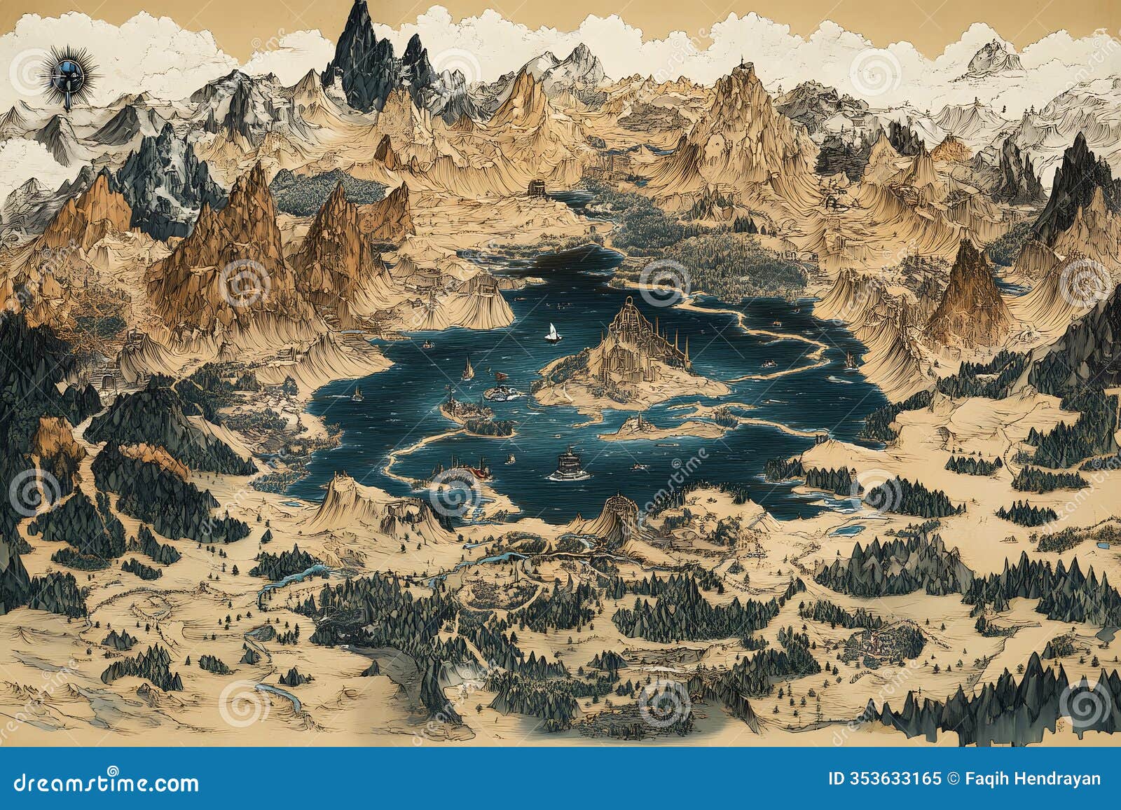 Fantasy Map: Mountains, Forests, Lake, and Ships Stock Illustration ...