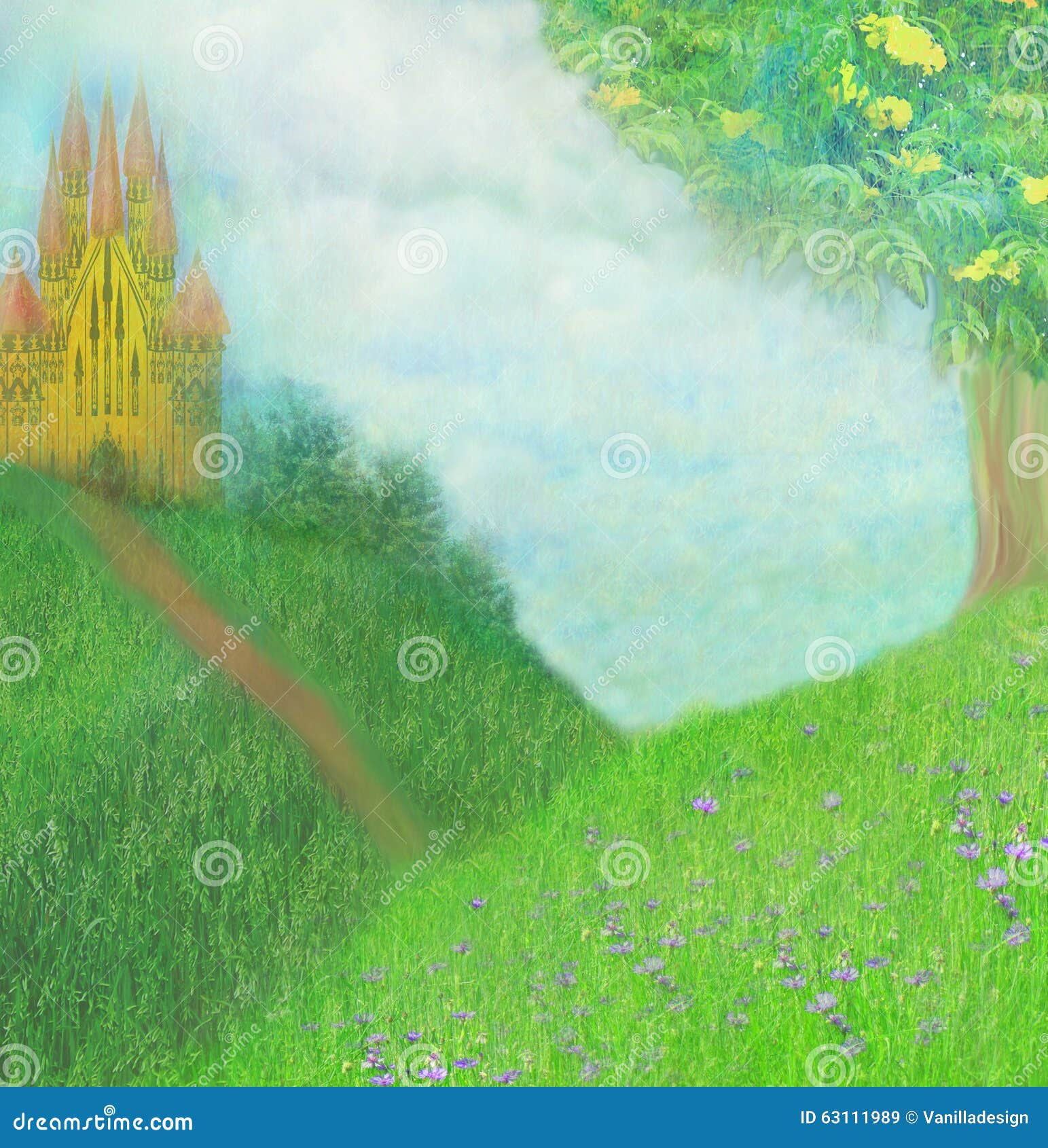 Fantasy Meadow with a Fairytale Tower Stock Illustration - Illustration ...