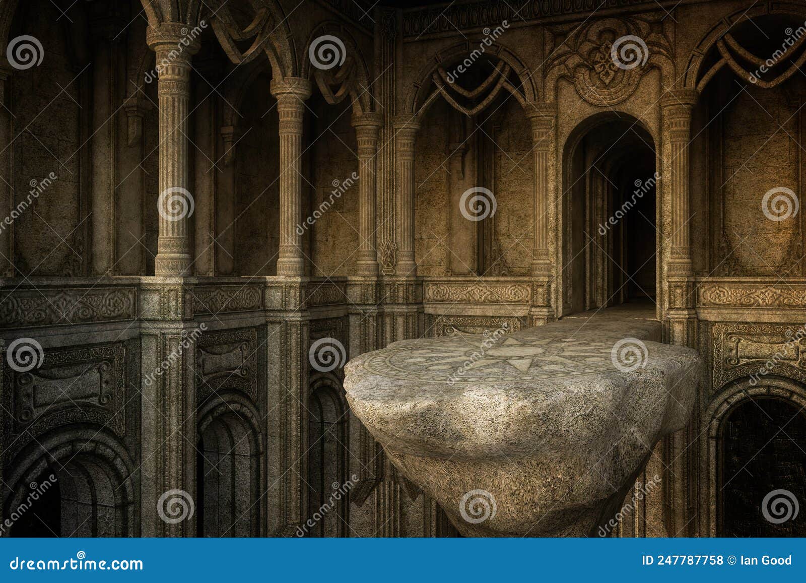 Fantasy Medieval Architectural Interior with Large High Stone Platform ...