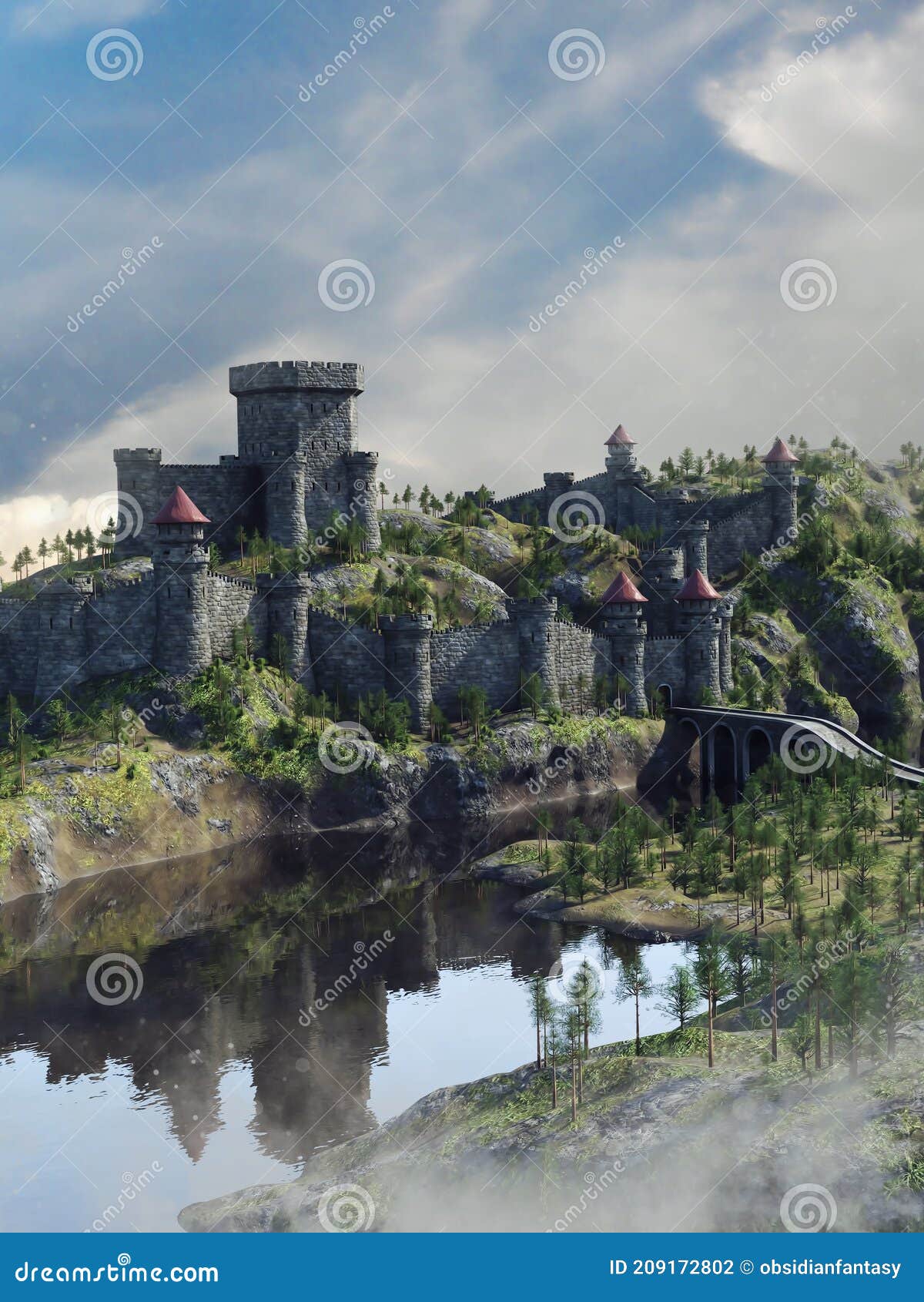 Fantasy Medieval Castle by the River Stock Illustration - Illustration ...