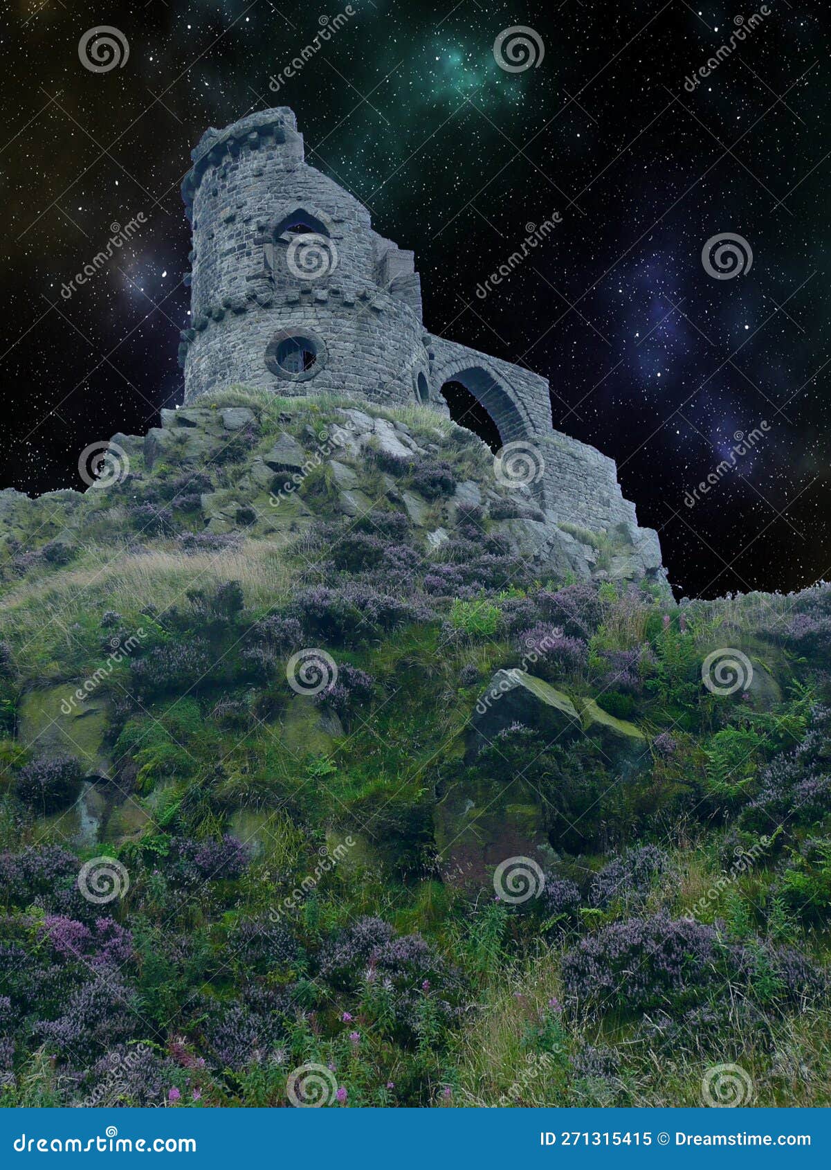Fantasy Medieval Castle Structure Atop a Hill with Starry Sky Above ...