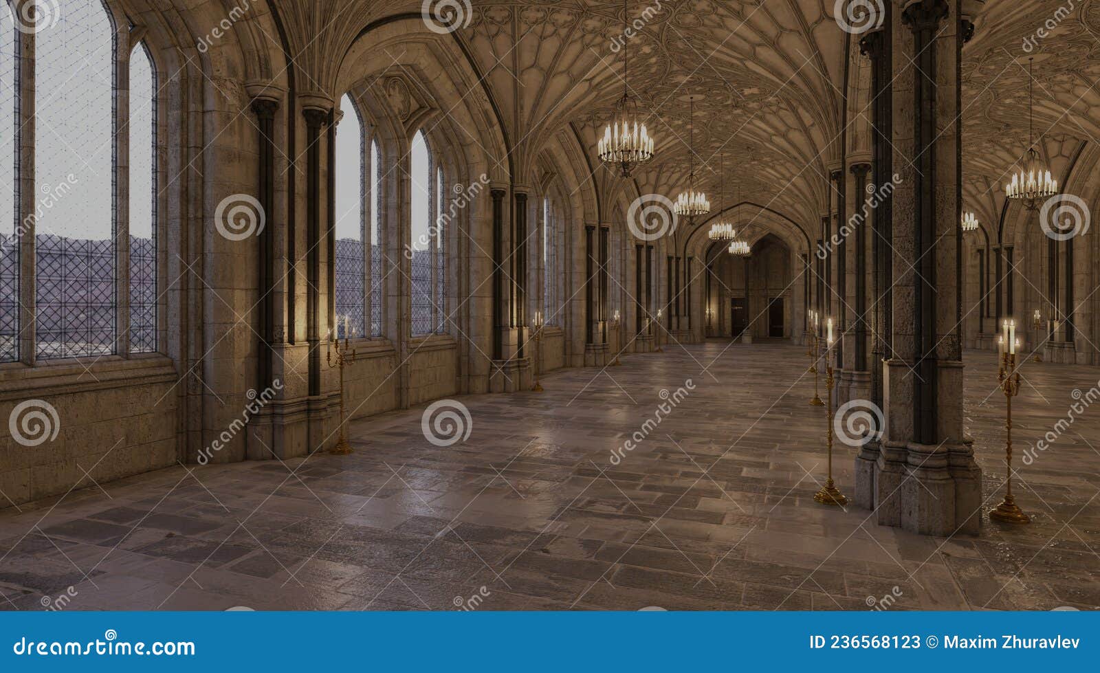 Fantasy Medieval Great Hall in the Castle 3d Illustration Stock ...