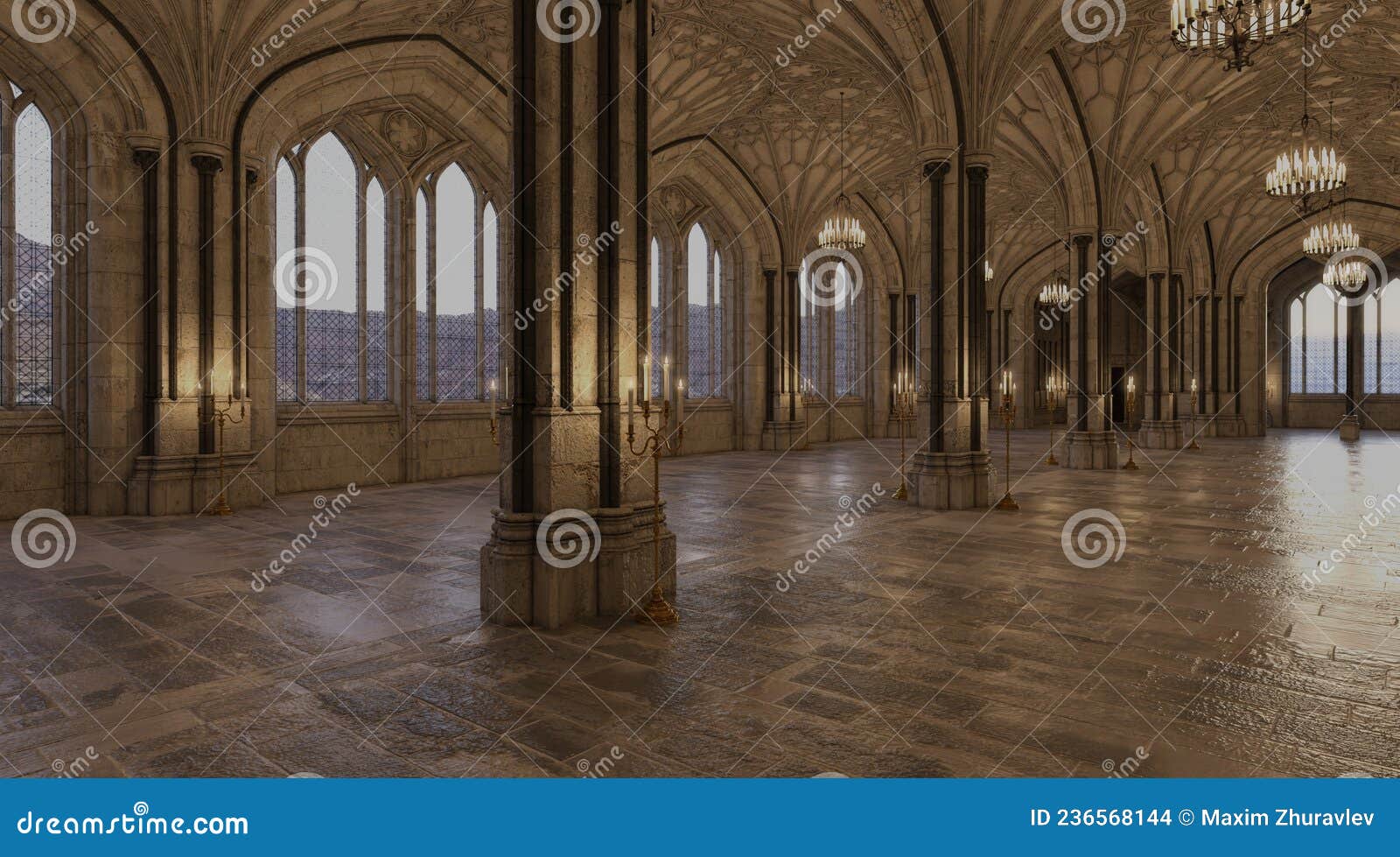 Fantasy Medieval Great Hall in the Castle 3d Illustration Stock ...
