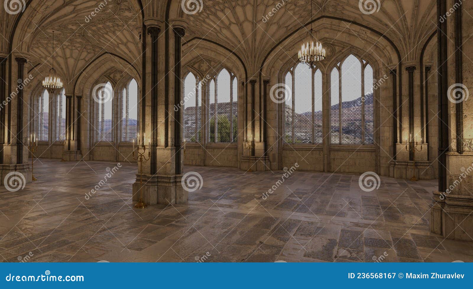 Fantasy Medieval Great Hall in the Castle 3d Illustration Stock ...