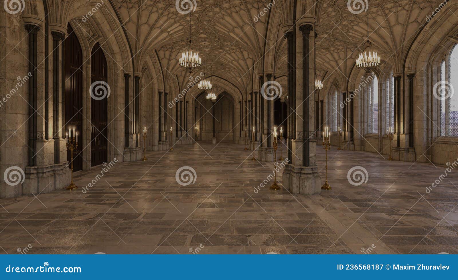 Fantasy Medieval Great Hall in the Castle 3d Illustration Stock ...