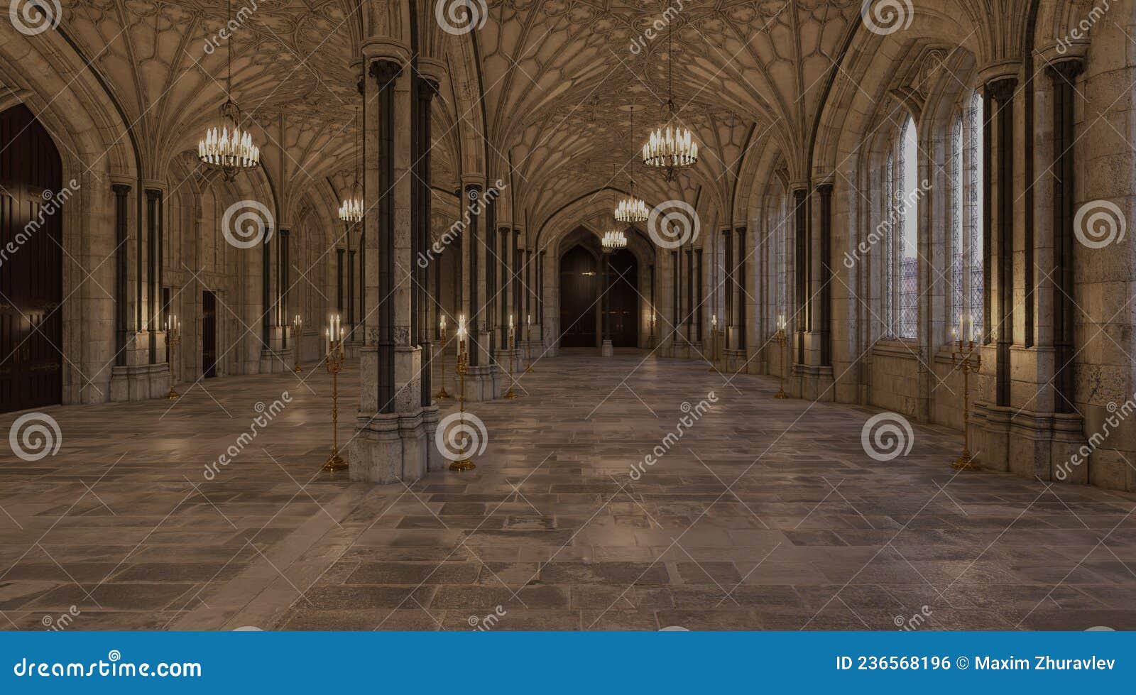 Fantasy Medieval Great Hall in the Castle 3d Illustration Stock ...