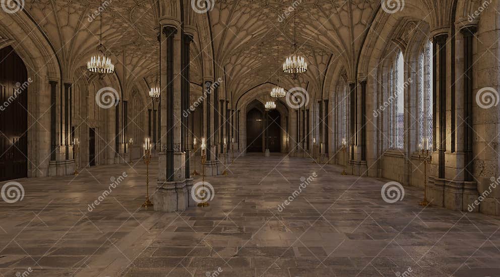 Fantasy Medieval Great Hall in the Castle 3d Illustration Stock ...