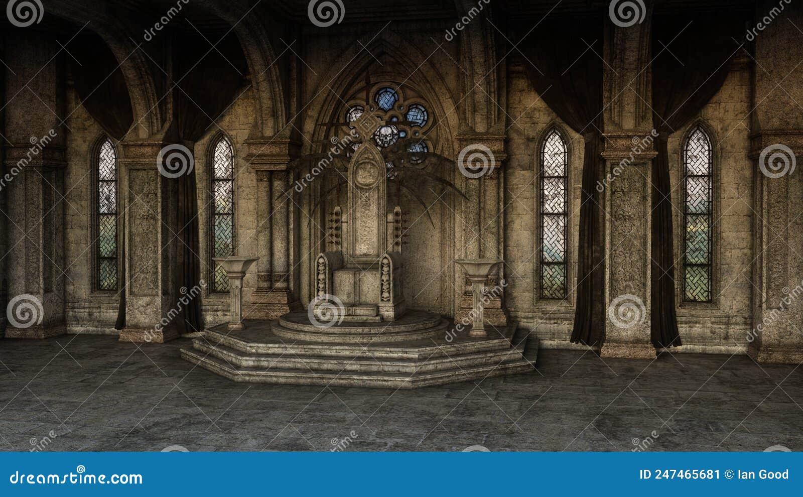 Fantasy Medieval Throne Room with Gothic Arches and Windows. 3D Illustration Stock Illustration ...