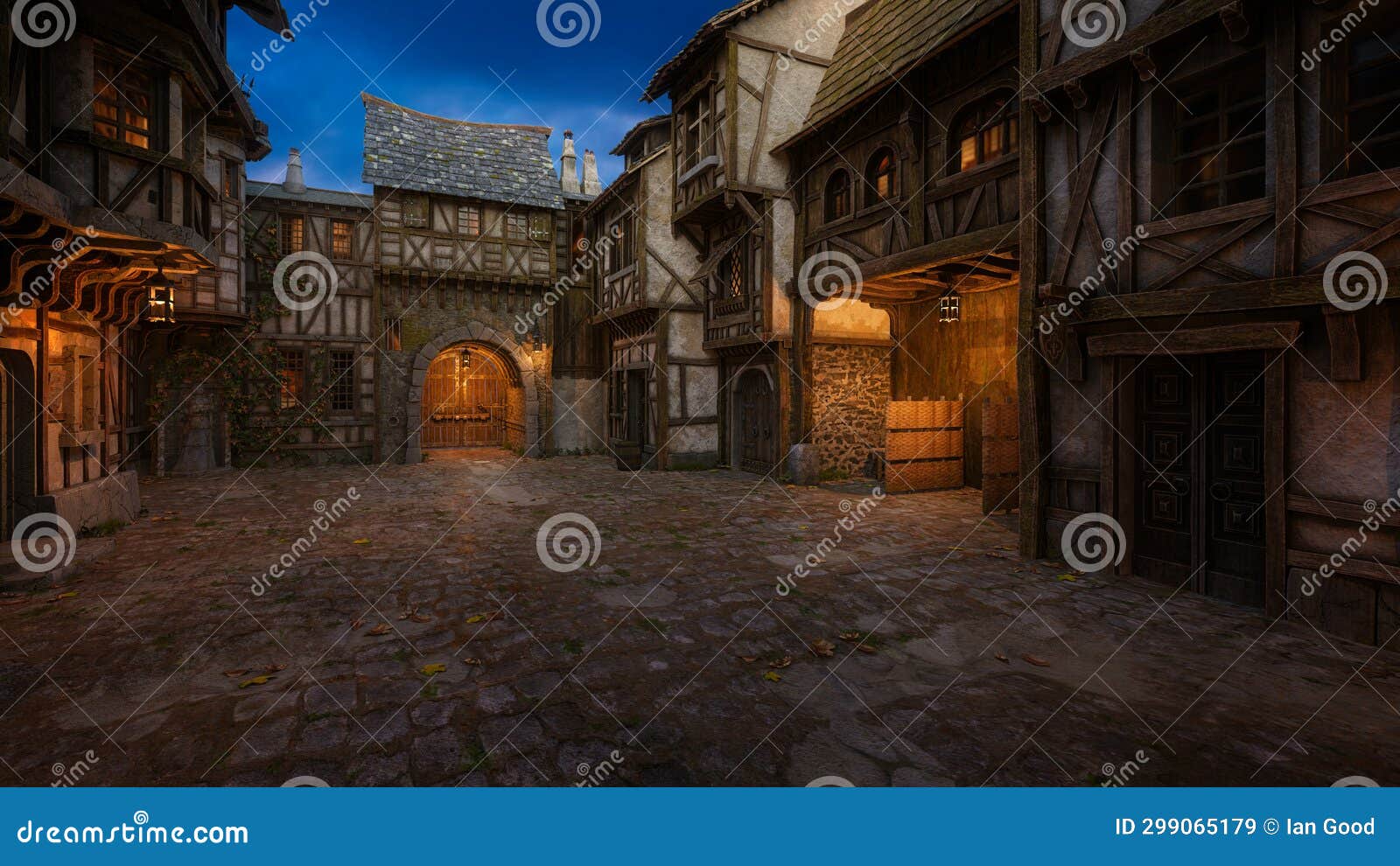Fantasy Medieval Village Street in the Evening. 3D Rendering Stock ...