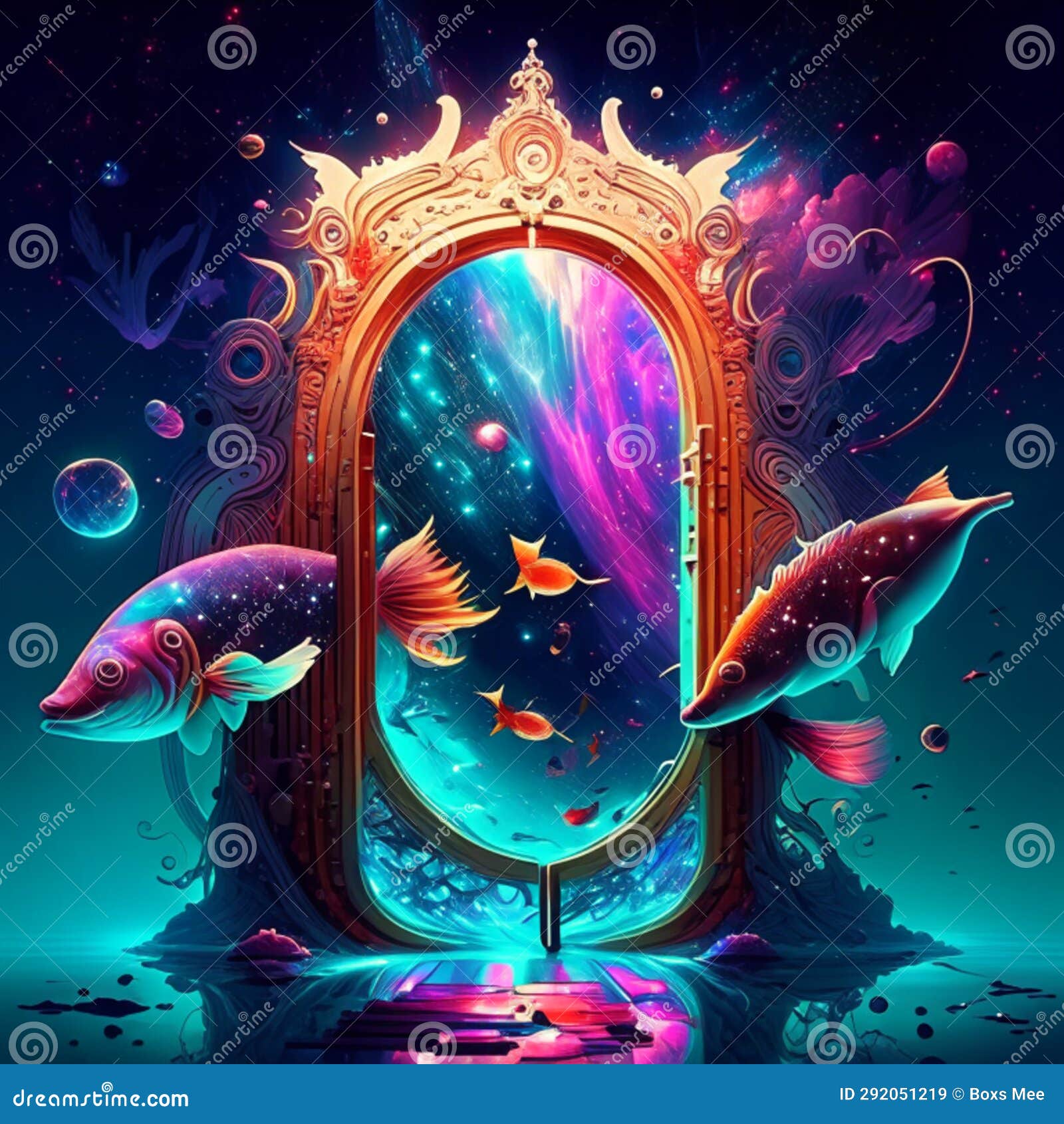 Fantasy Mirror with Fish and Algae. Vector Illustration in Neon Style ...