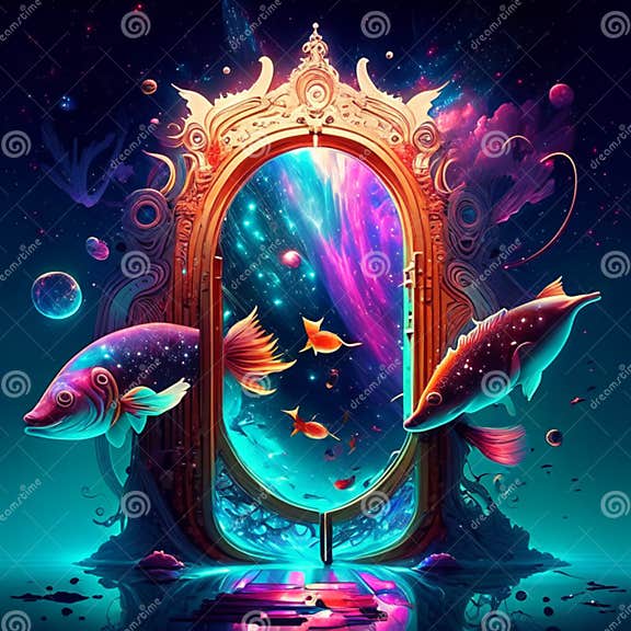 Fantasy Mirror with Fish and Algae. Vector Illustration in Neon Style ...