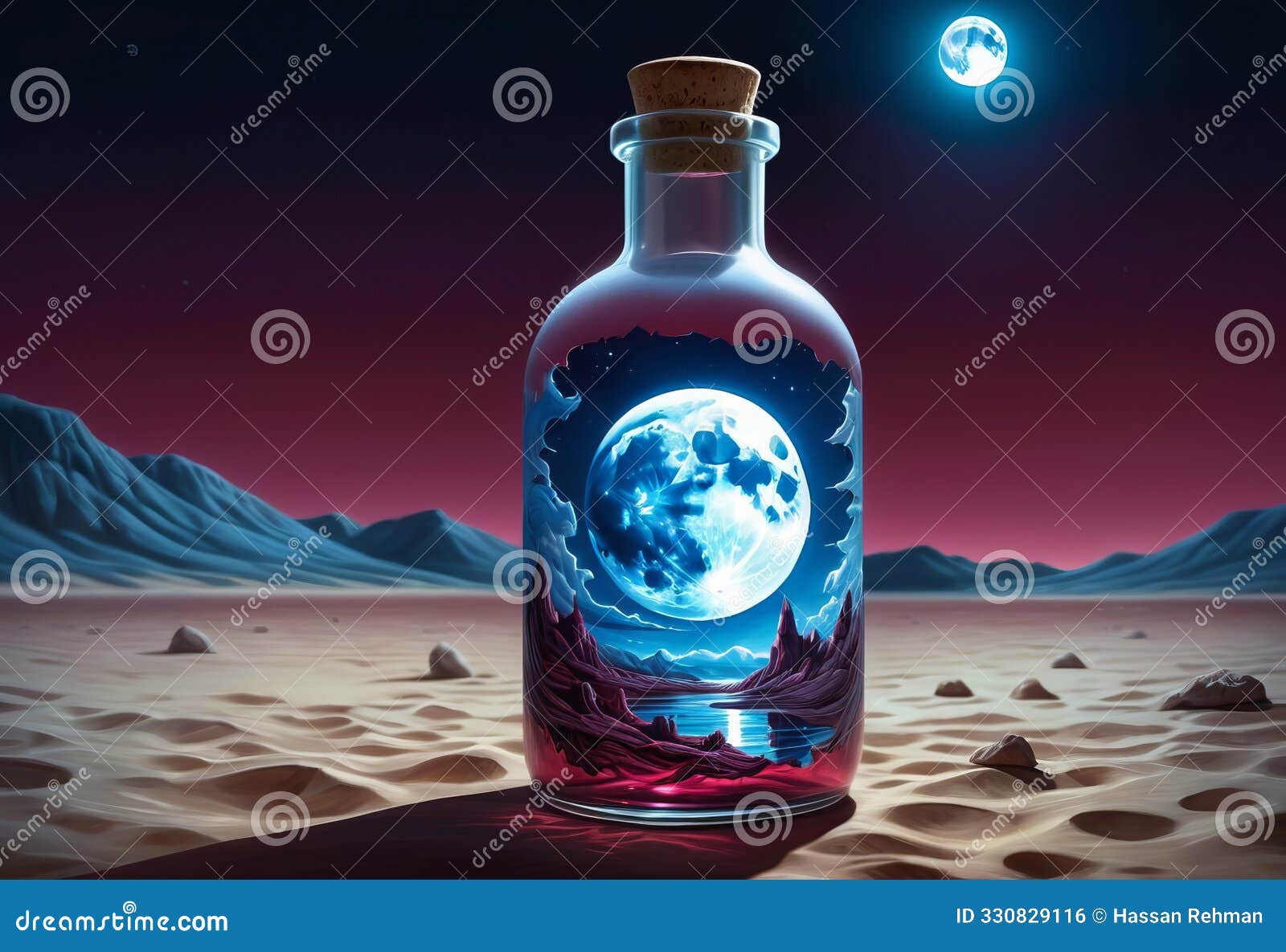 Fantasy Moon Inside a Bottle at Night. Photo Manipulation Stock Illustration - Illustration of ...