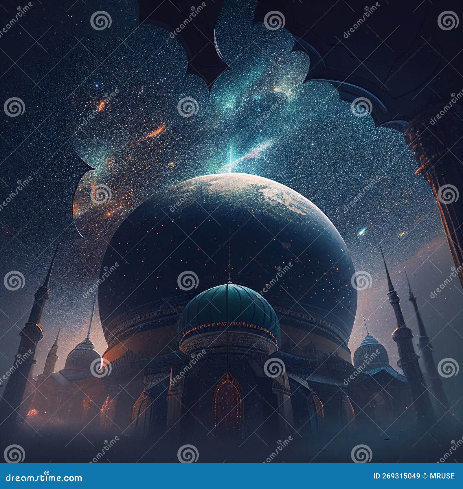 Fantasy Mosque in the Night Stock Illustration - Illustration of poster ...