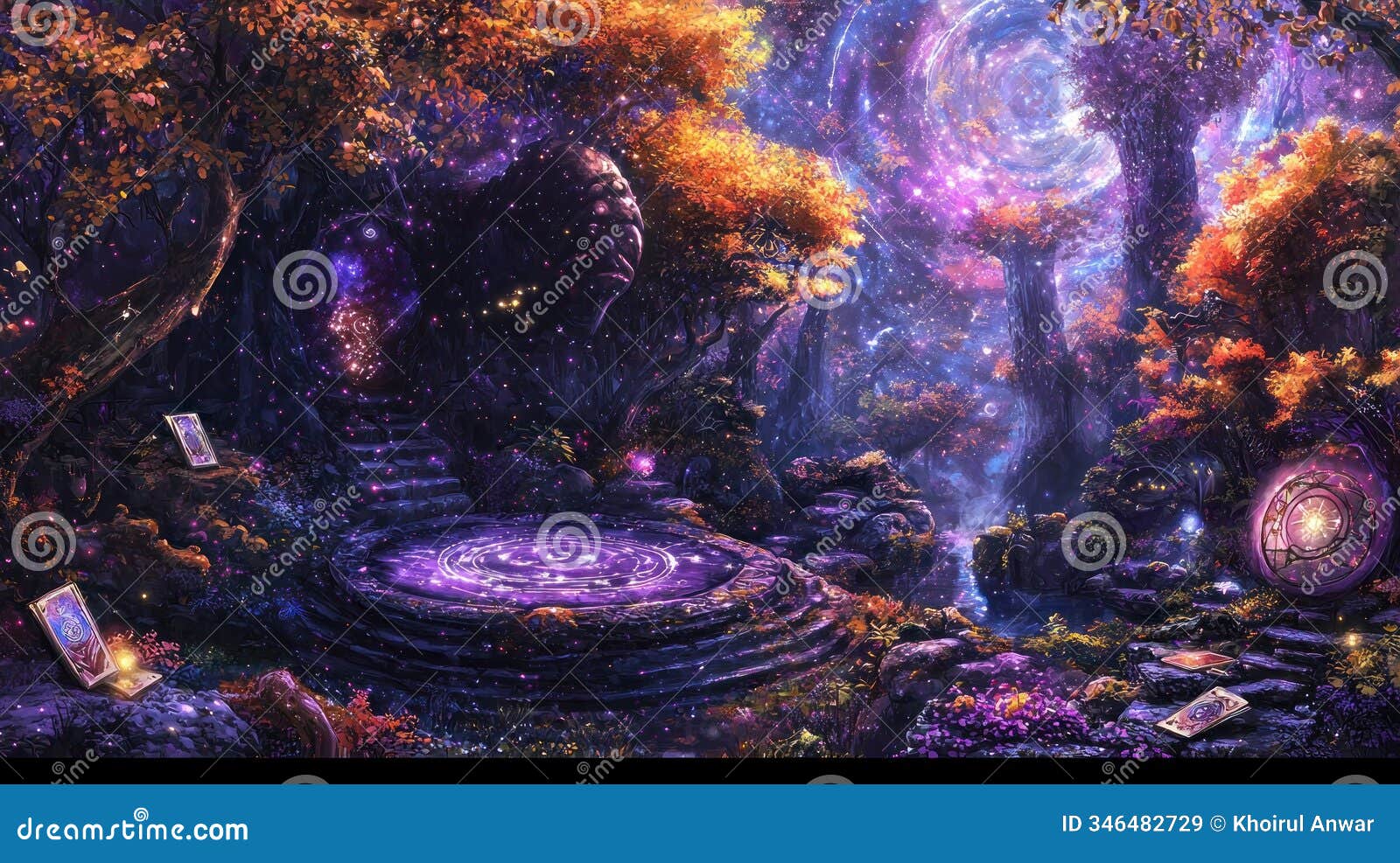 Fantasy Mystical Forest Scene with Glowing Altar Stock Illustration ...