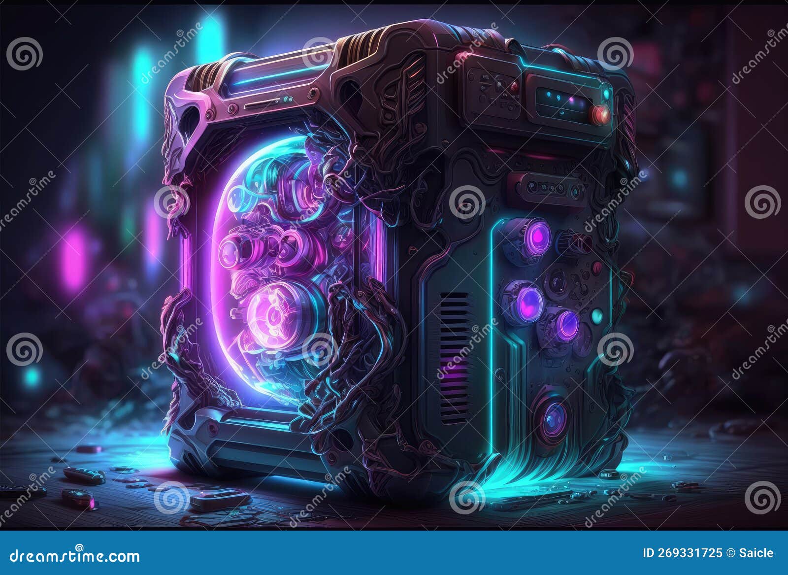 Fantasy Neon Computer System Unit. Generative AI Stock Image - Image of ...