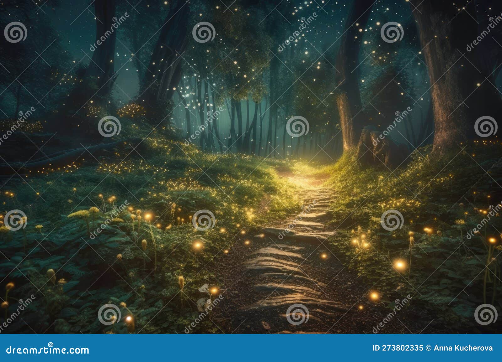 Fantasy Night Forest Filled with Fireflies. Generative AI Illustration ... Fantasy Night Forest Filled with Fireflies. Generative AI Illustration ...