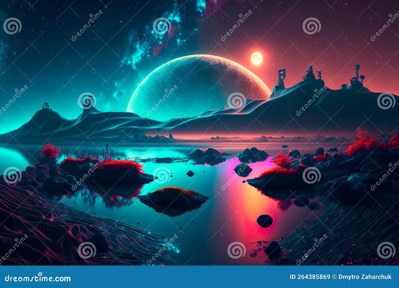 Fantasy Night Landscape with Abstract Islands and Night Sky with Space ...