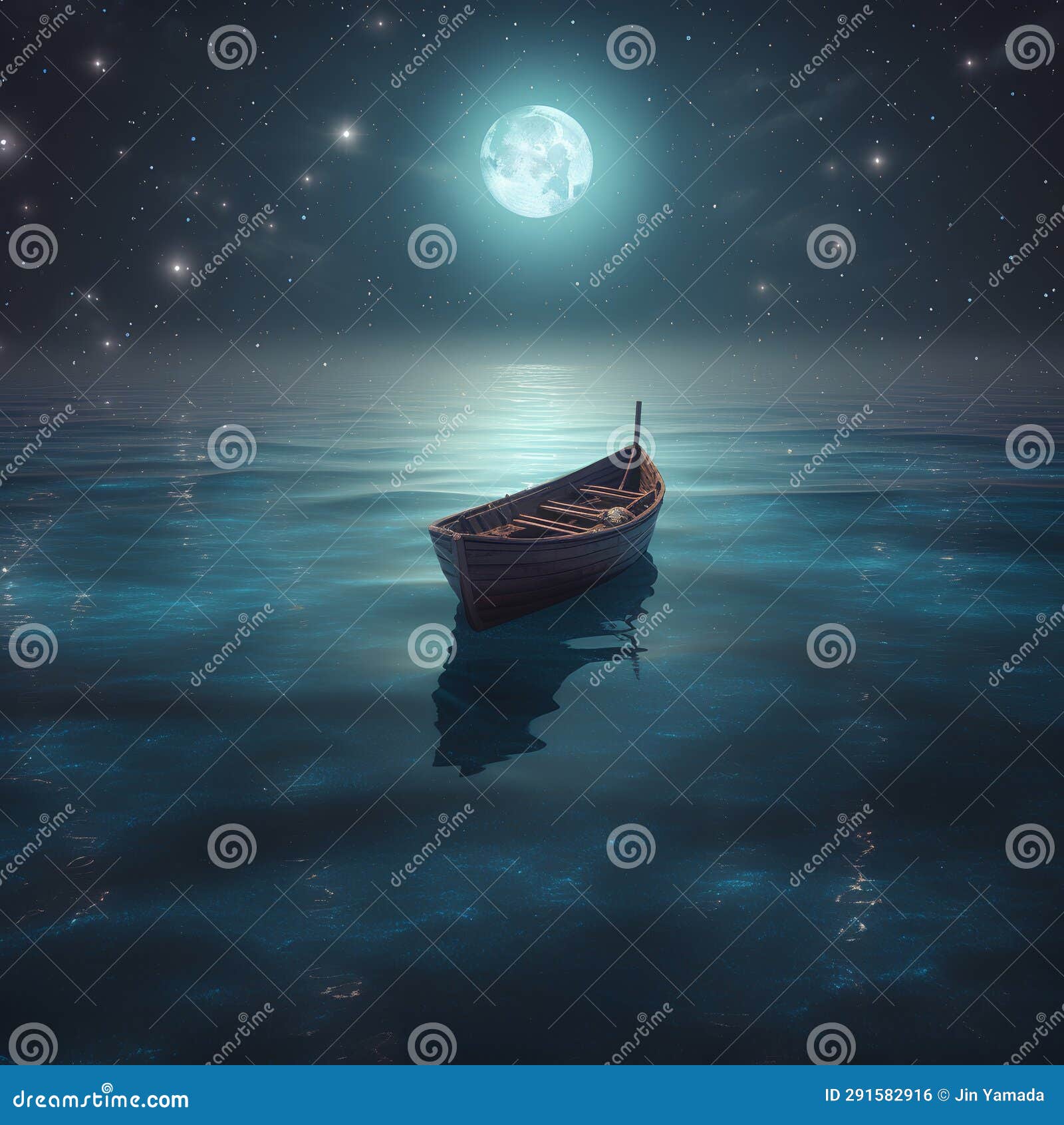 Fantasy Night Landscape with Boat and Full Moon. 3d Rendering Stock ...