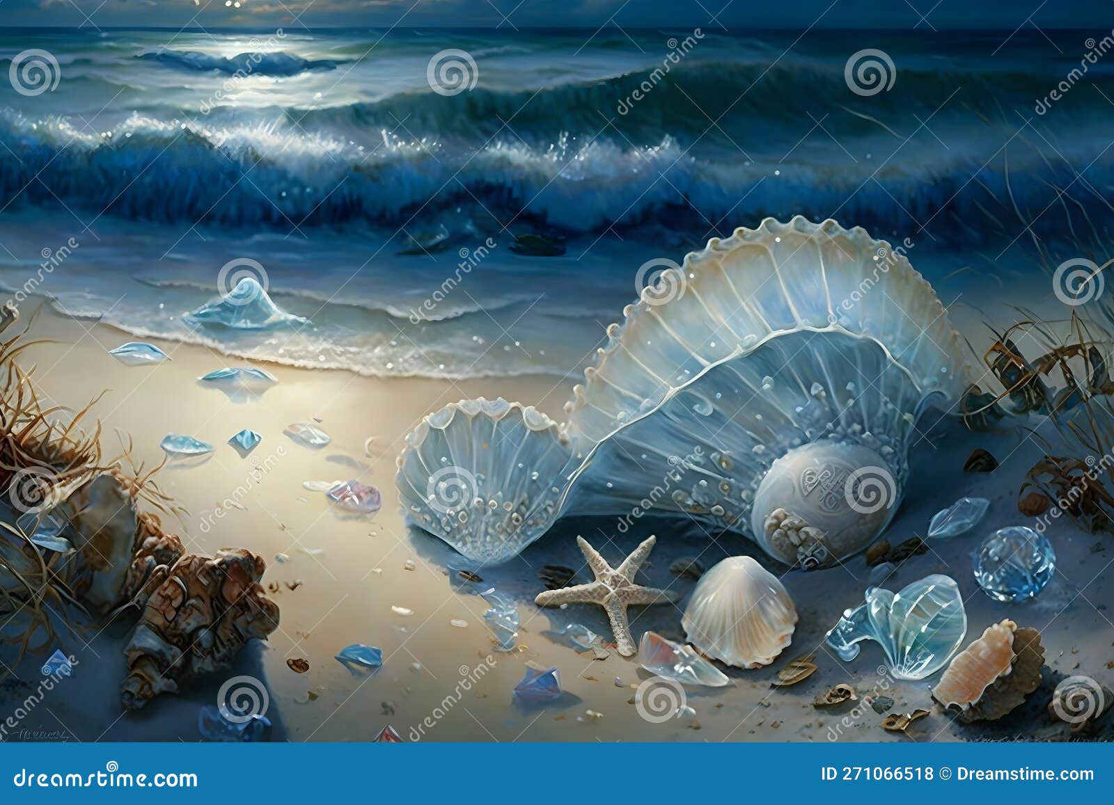 Fantasy Night Seascape with Magic Seashells. Neural Network AI ...