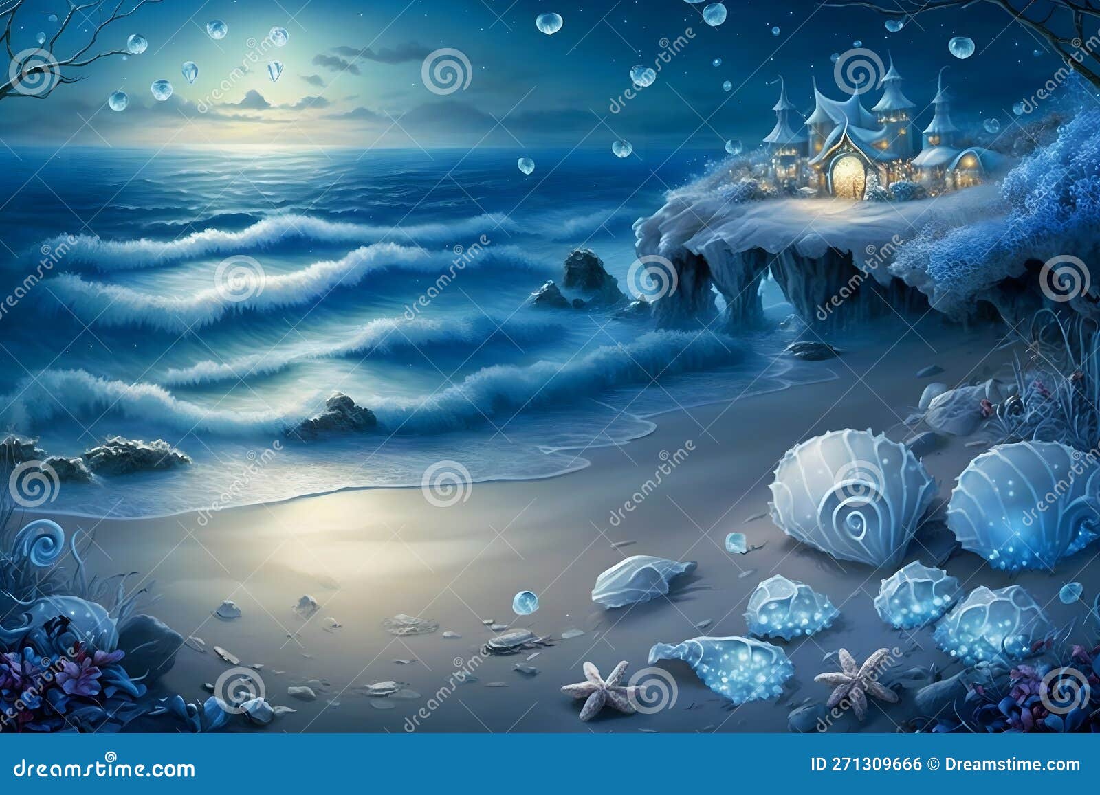 Fantasy Night Seascape with Magic Seashells. Neural Network AI ...