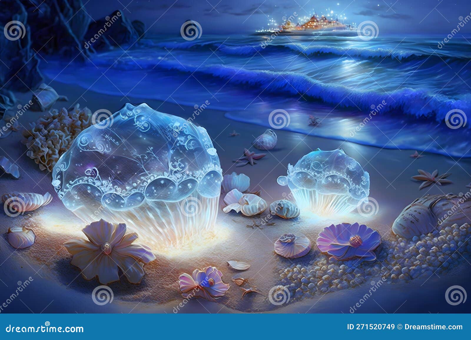 Fantasy Night Seascape with Magic Seashells. Neural Network AI ...