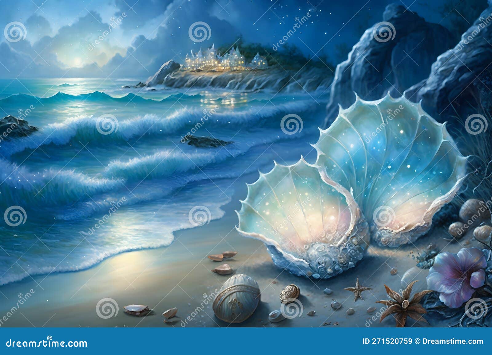 Fantasy Night Seascape with Magic Seashells. Neural Network AI ...
