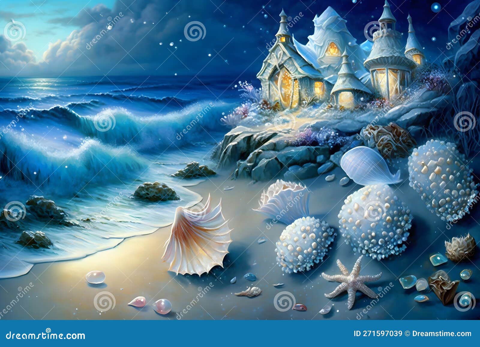 Fantasy Night Seascape with Magic Seashells. Neural Network AI ...