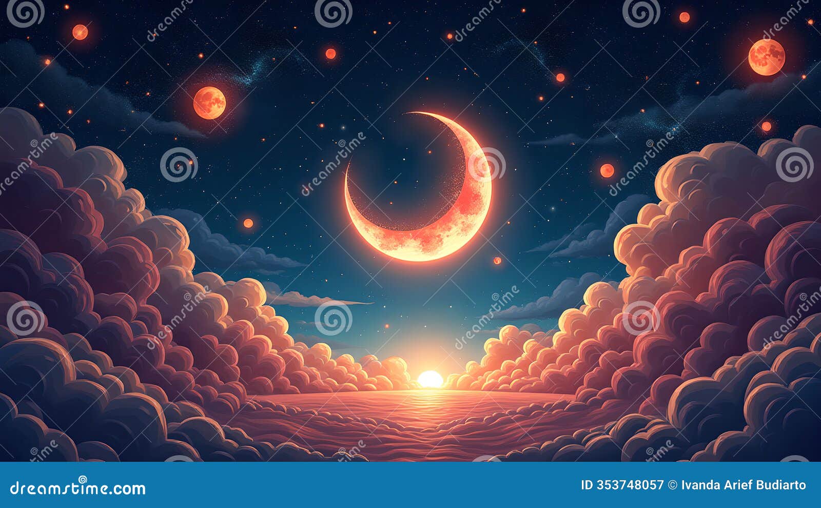Fantasy Night Sky with Crescent Moon, Planets, and Clouds. Concept of ...