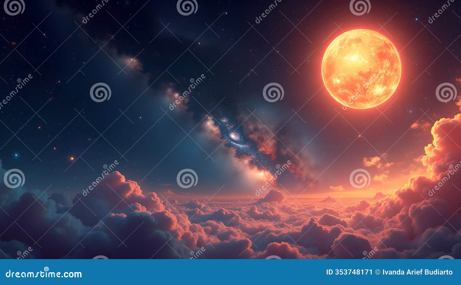 Fantasy Night Sky with Orange Moon and Clouds. Concept of Dreams ...