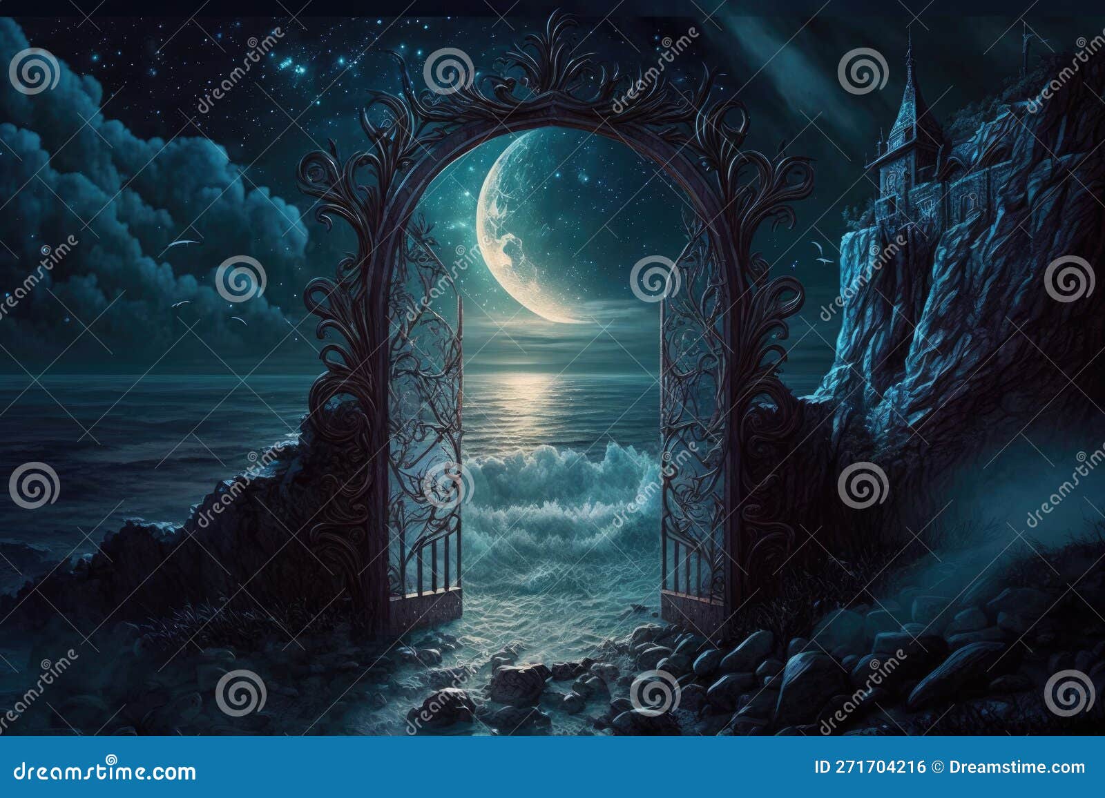 Fantasy Nighttime Landscape with a Painting of a Gate Leading To the ...