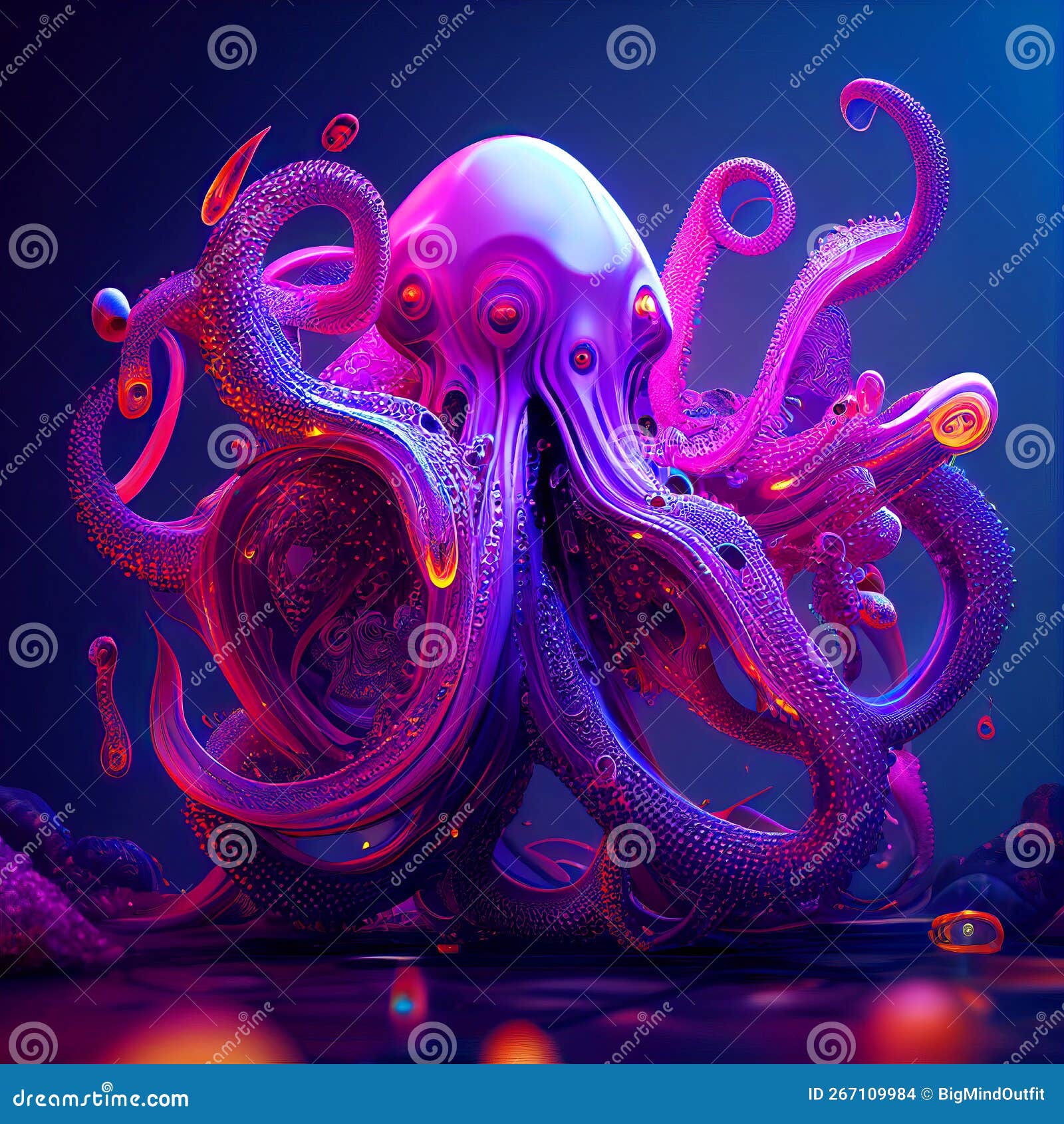 Fantasy Octopus Generative AI Illustration with Neon Lights Stock ...