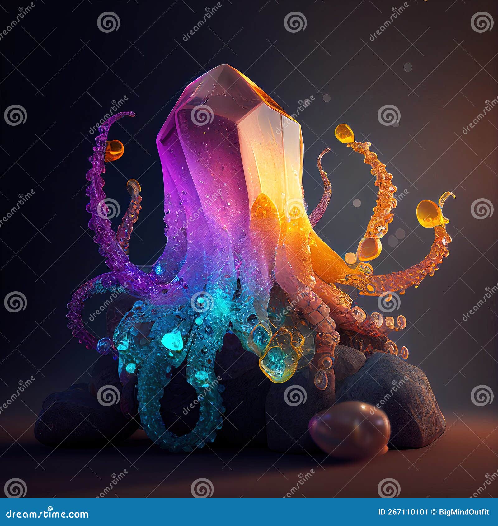 Fantasy Octopus Generative AI Illustration with Neon Lights Stock ...