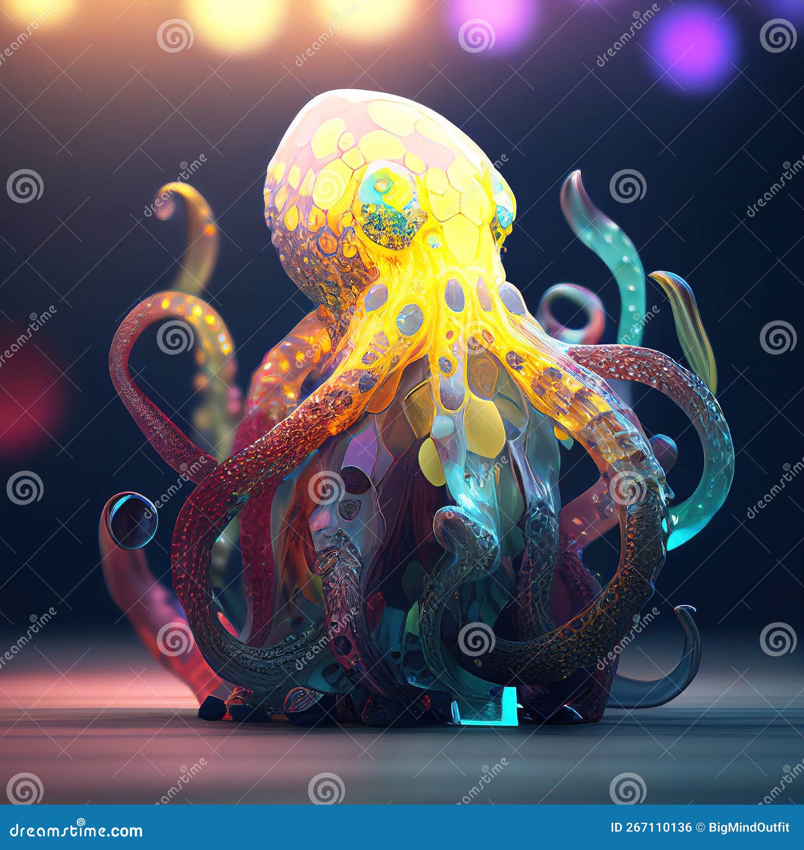Fantasy Octopus Generative AI Illustration with Neon Lights Stock ...