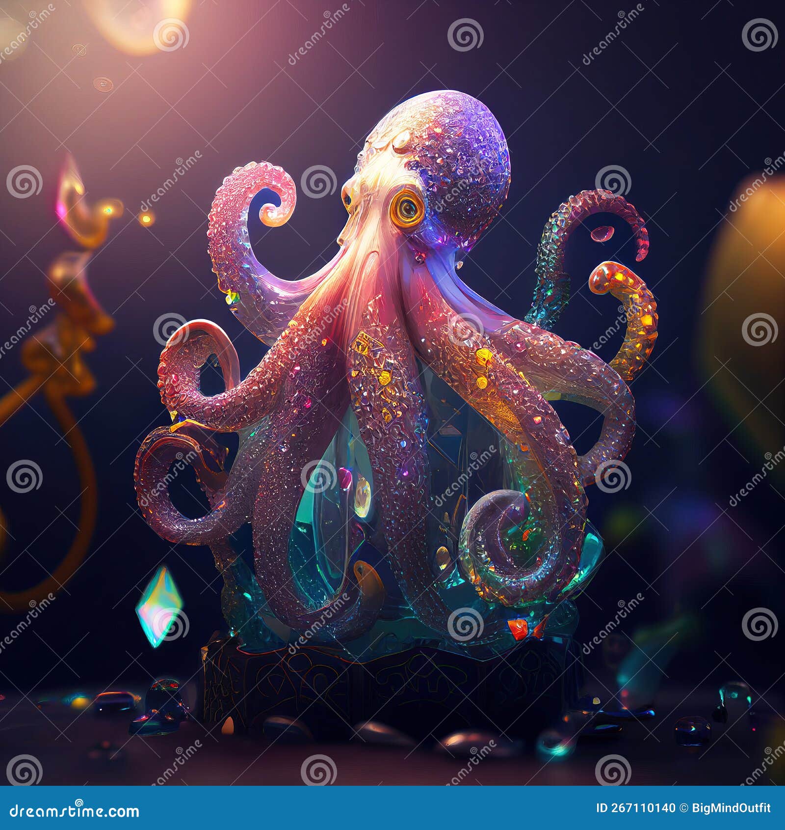 Fantasy Octopus Generative AI Illustration with Neon Lights Stock ...