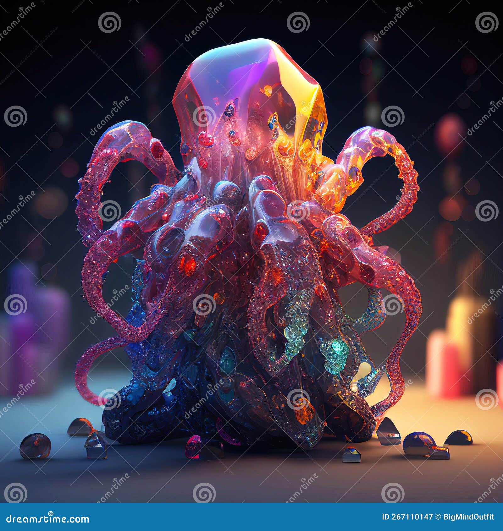 Fantasy Octopus Generative AI Illustration with Neon Lights Stock ...
