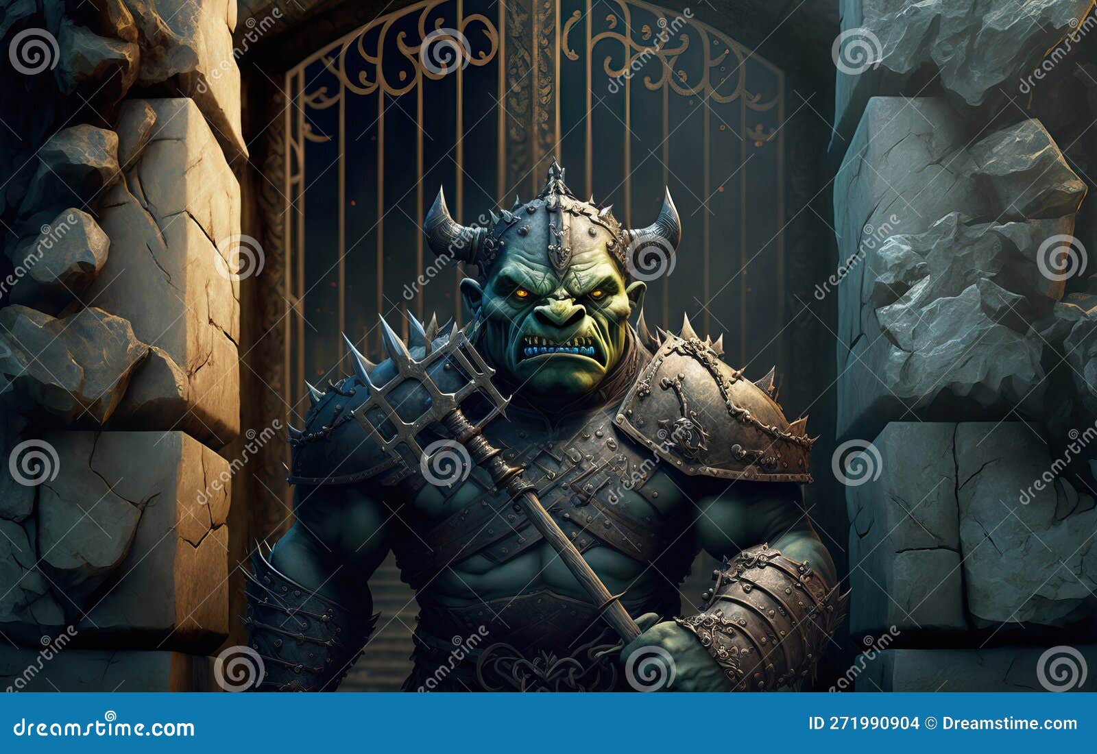 Fantasy Orc Guarding a Stone Castle Gate with Two Swords Stock ...