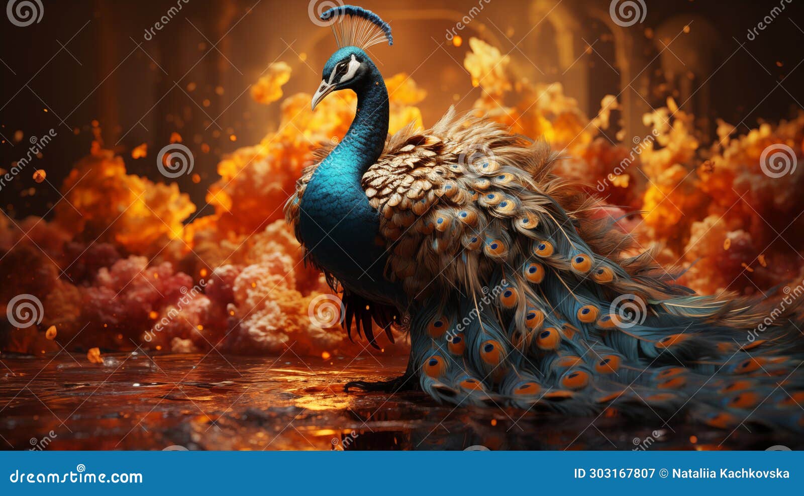 Fantasy peacock in fire stock image. Image of ornament - 303167807