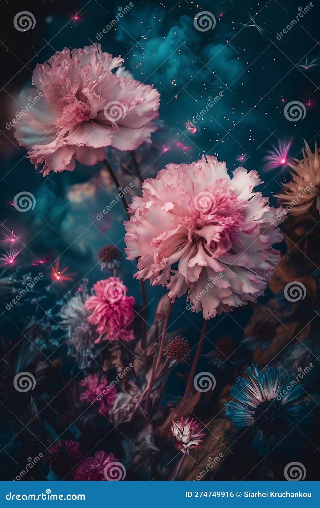 Fantasy Pink Flowers on Blue Sky Background Stock Illustration ...