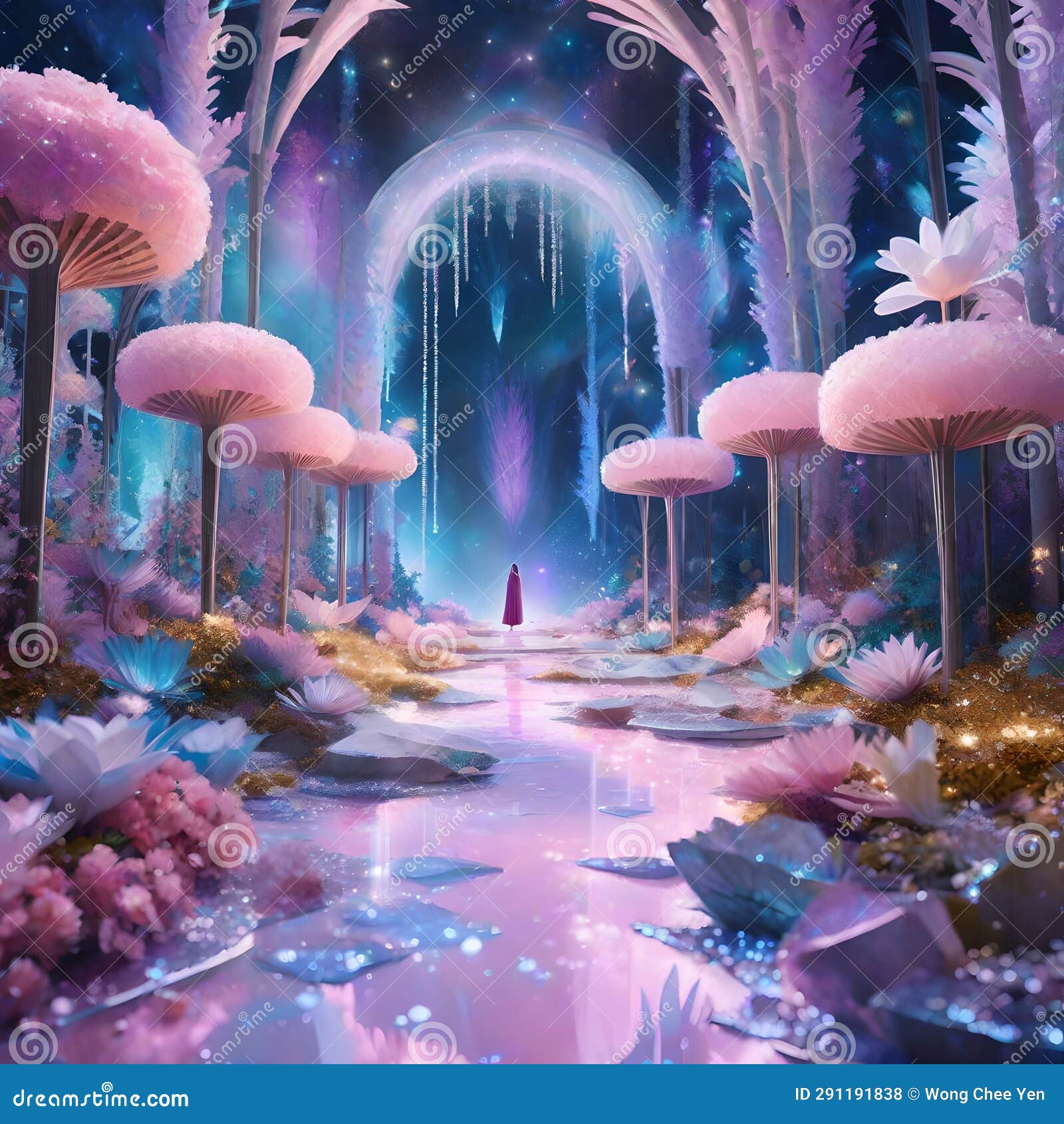 Fantasy Pink Leaves Trees Magical Path Glowing Night Sky Stock ...